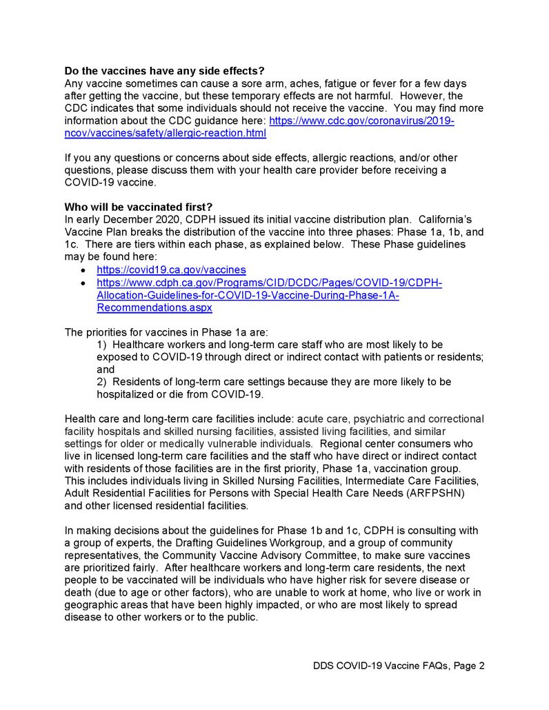 COVID-19 Vaccine Frequently Asked Questions - Westside Regional Center