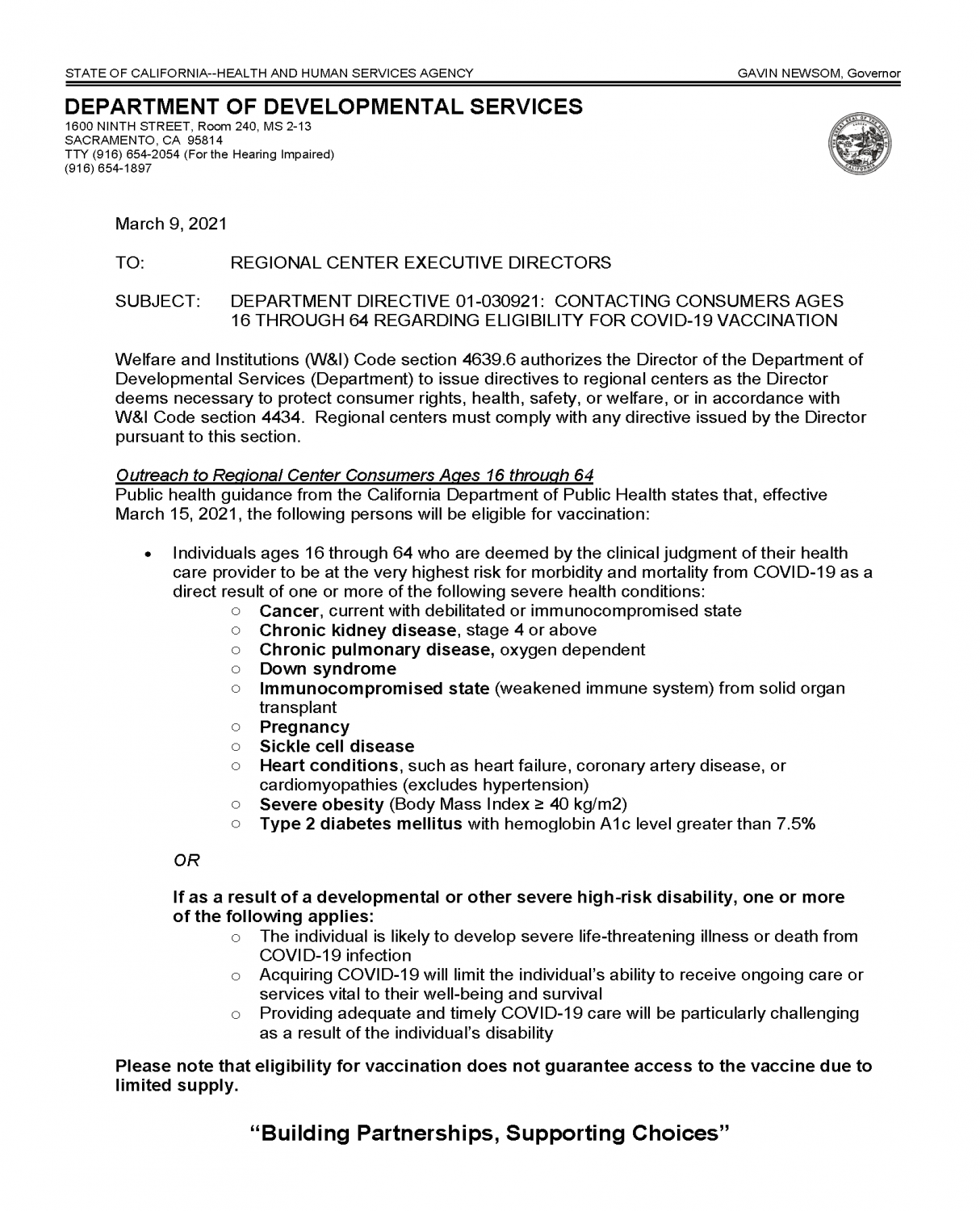 DEPARTMENT DIRECTIVE 01-030921 - Westside Regional Center